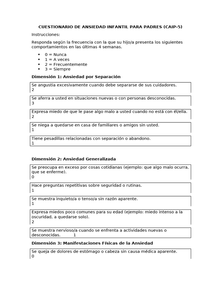 Cuestionario de Ansiedad Infantil para Padres | PDF