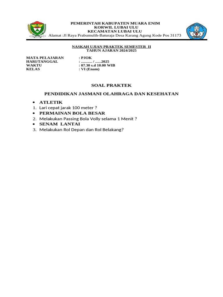 Soal Praktek Pjok Kelas 6 | PDF