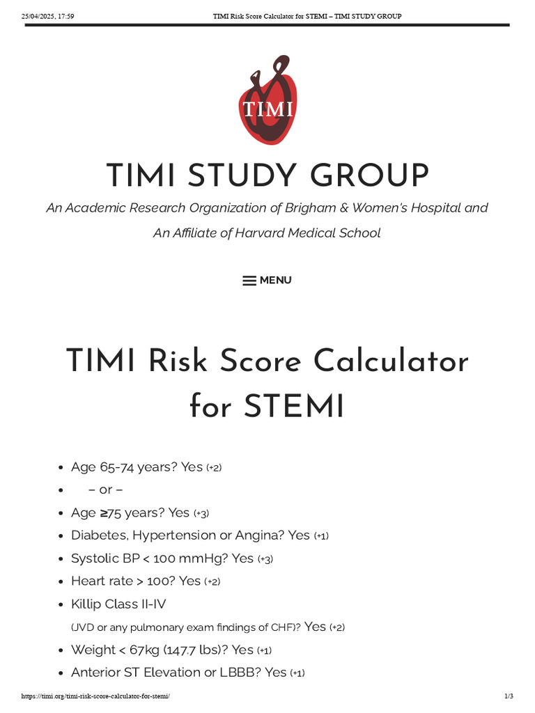 TIMI Risk Score Calculator For STEMI - TIMI STUDY GROUP | PDF | Myocardial Infarction | Medicine