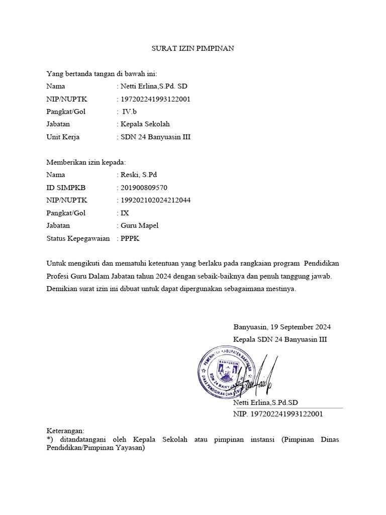 Surat Izin Pimpinan Reski | PDF