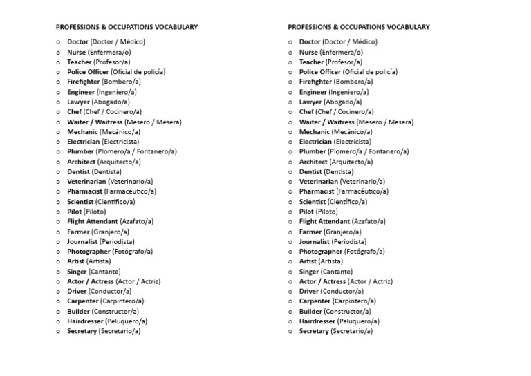 Professions and Occupations Vocabulary | PDF