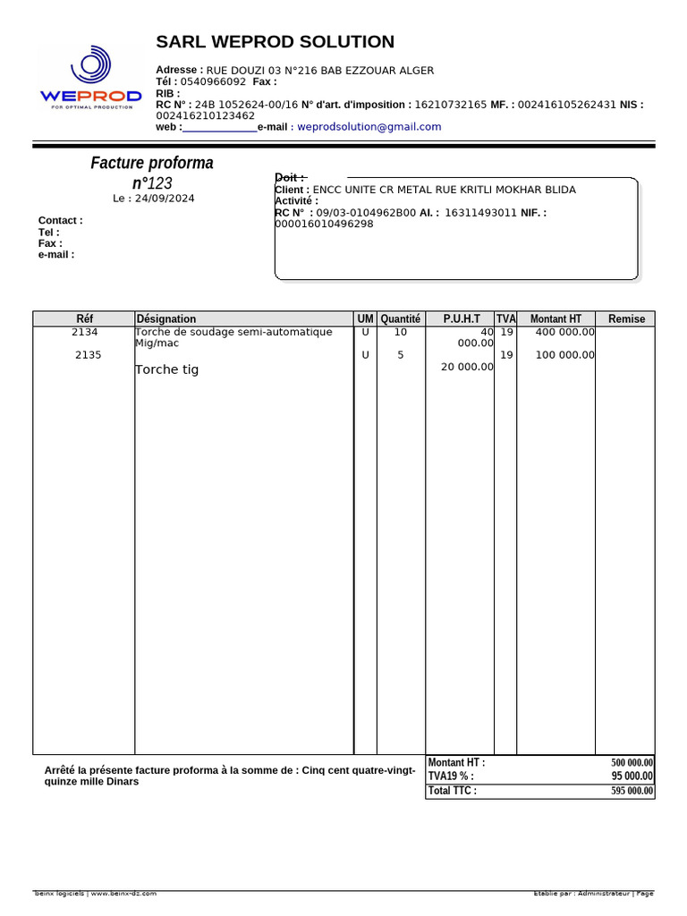 Facture Proforma N°123 - WEPROD | PDF