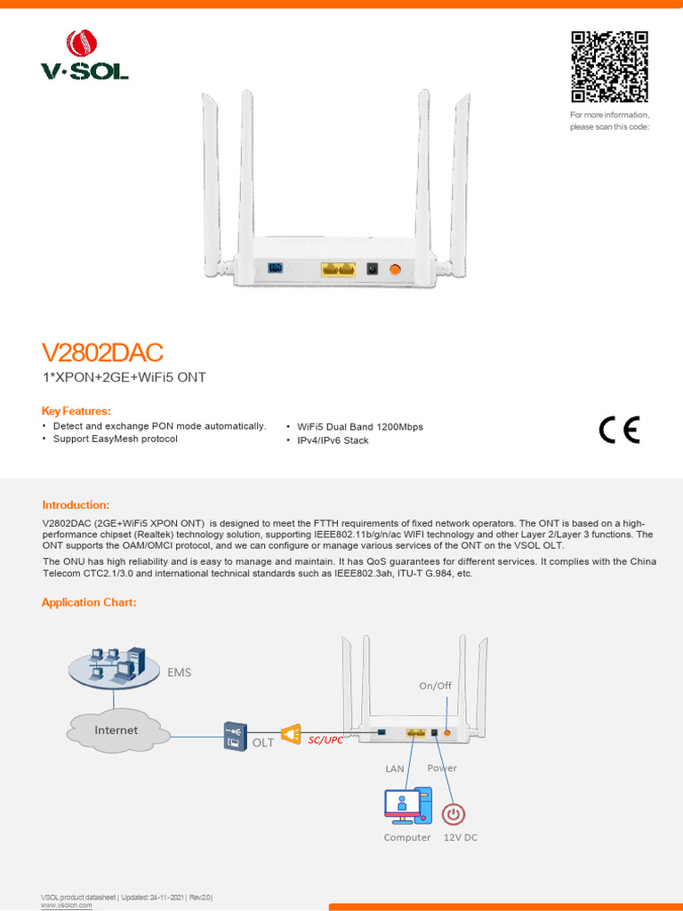 V2802DAC: 2GE WiFi5 XPON ONT Overview | PDF | I Pv6 | Wi Fi