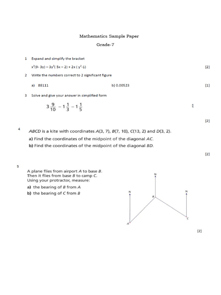 Mathematics Sample Paper Grade7 | PDF
