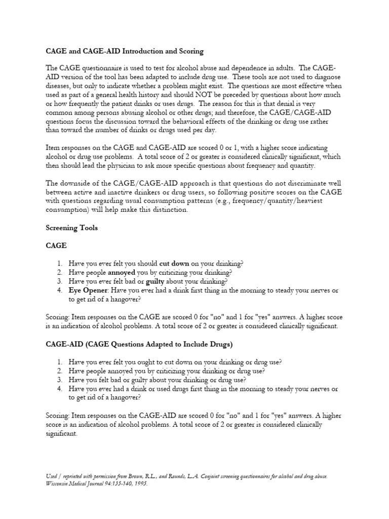 Aod Cage Cage-Aid Screening | PDF | Alcoholism | Substance Abuse