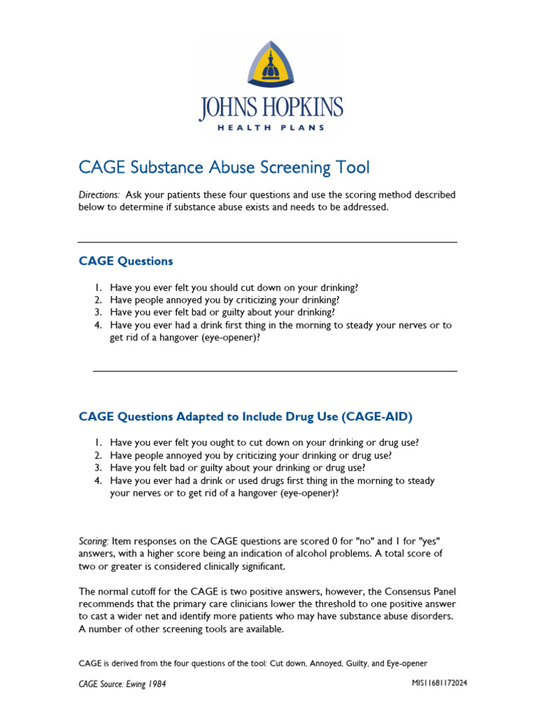 CAGE Substance Abuse Screening Guide | PDF