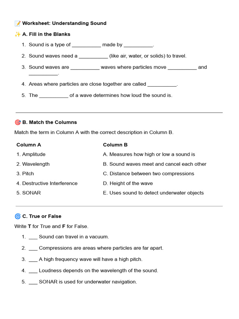 Sound Waves Worksheet and Diagram | PDF
