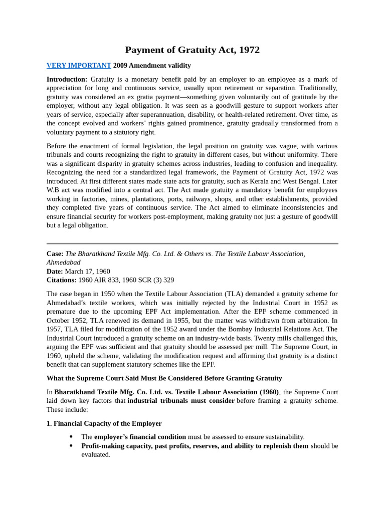Payment of Gratuity Notes | PDF | Employment | Gratuity