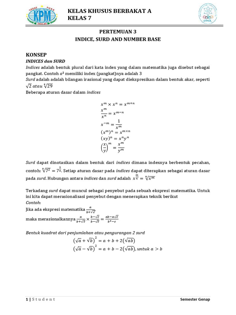 Materi 1-Berbakat A07-MTK-Pertemuan 3 Indice, Surd, and Number Base | PDF