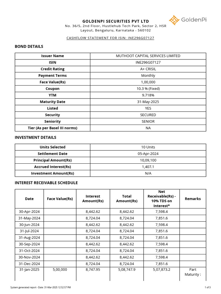 Muthoot Capital Bond Cashflow Statement | PDF | Bonds (Finance ...