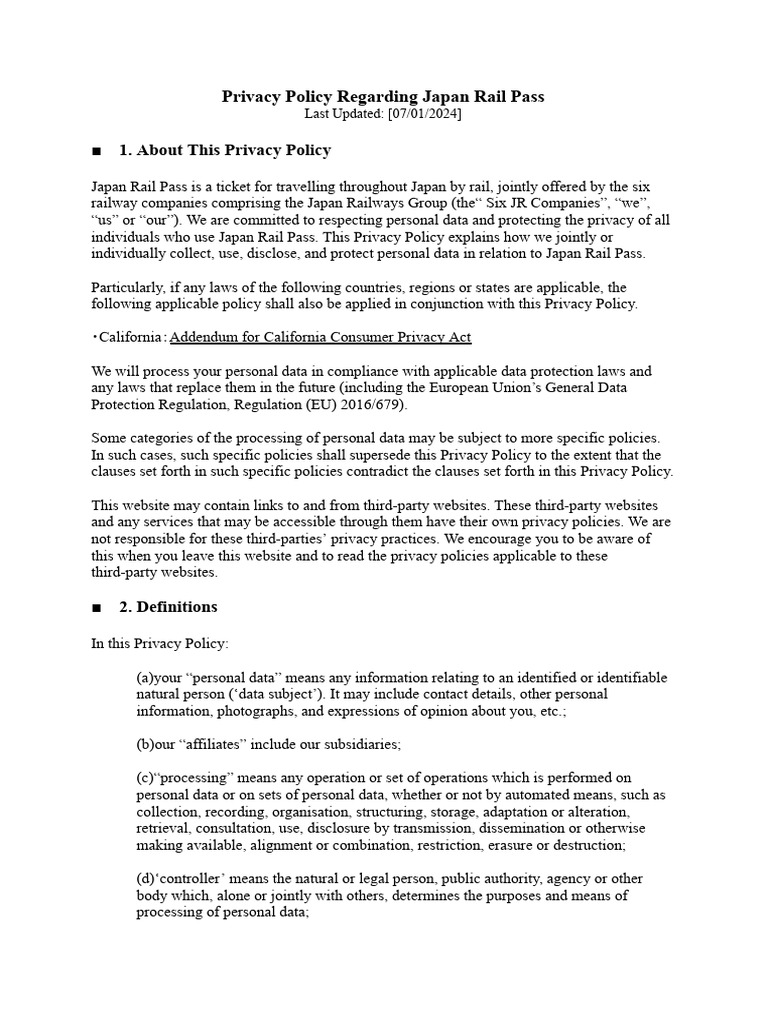 Japan Rail Pass Privacy Policy Overview | PDF | Privacy Policy | Privacy