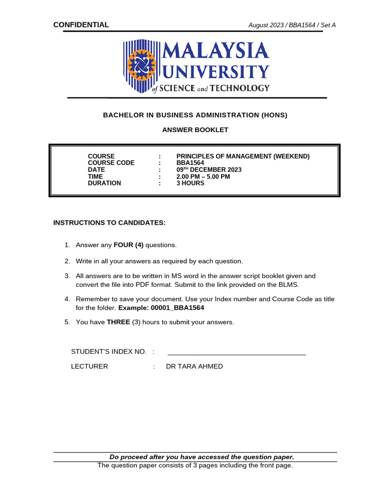 BBA1564 Principles of Management Exam Guide | PDF