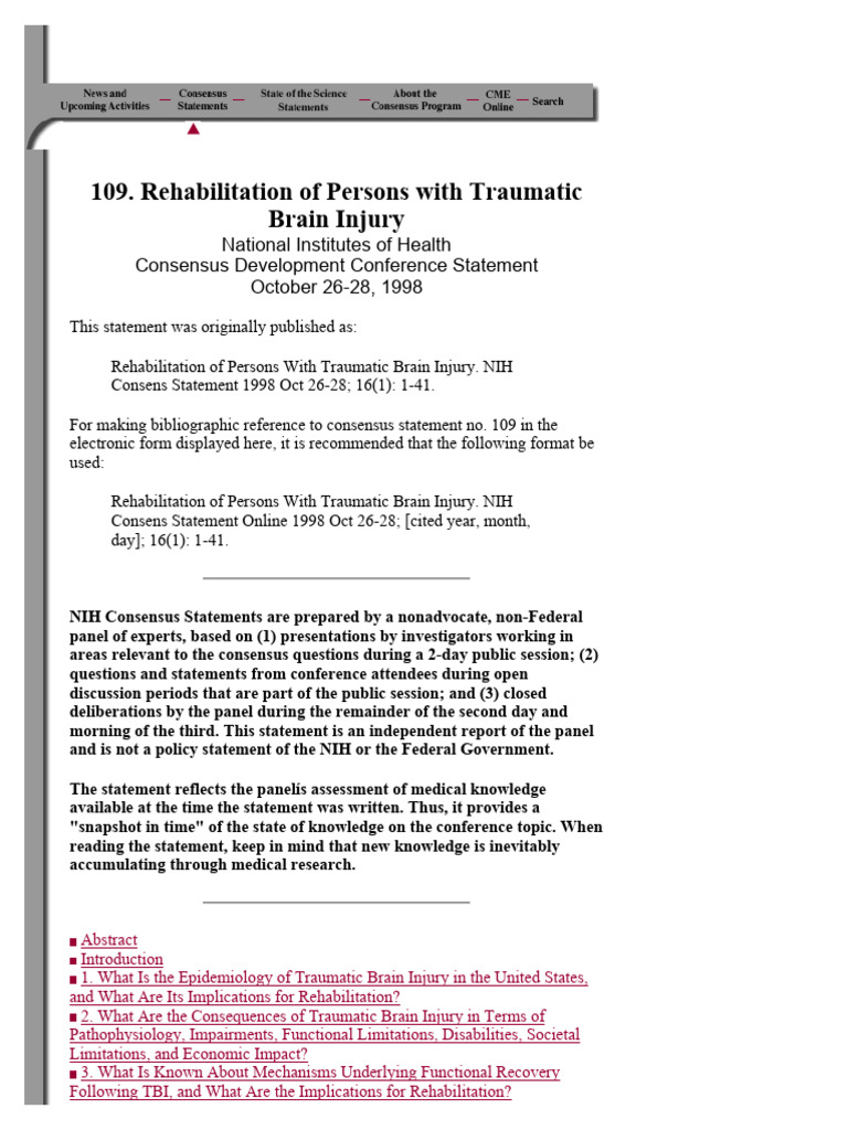 NIH - Rehabilitation of Persons With TBI | PDF | Traumatic Brain Injury ...