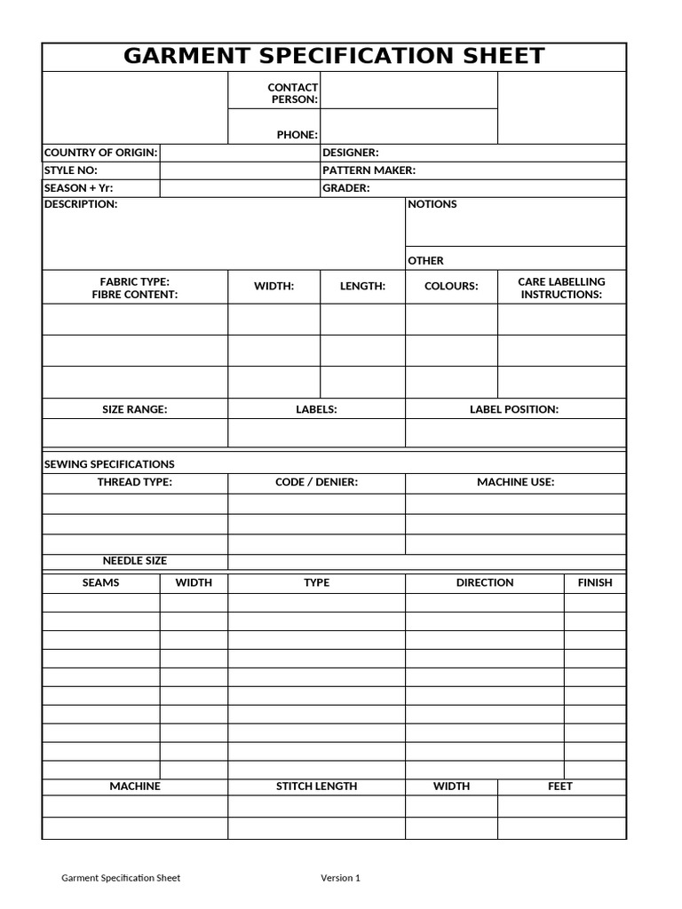 Garment Specification Sheet Excel Template Free Download | PDF