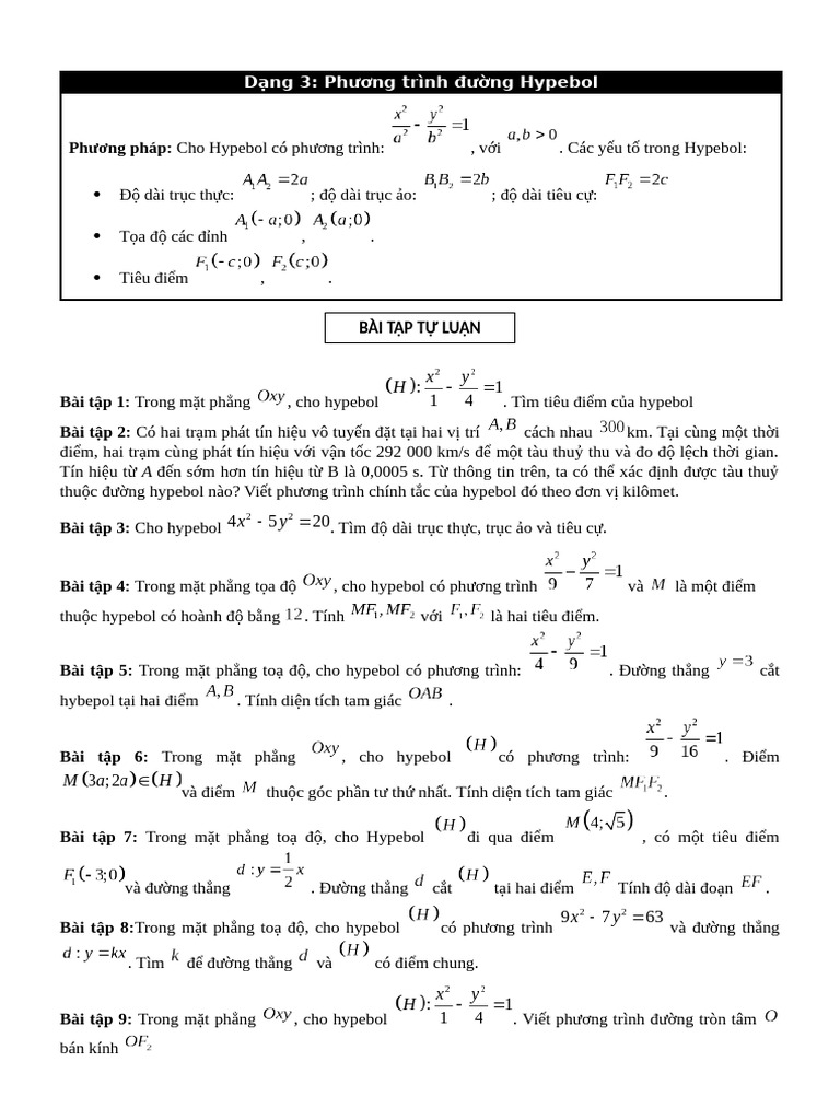 Bài 04 - D NG 03 - Phương Trình Hypebol - HS | PDF