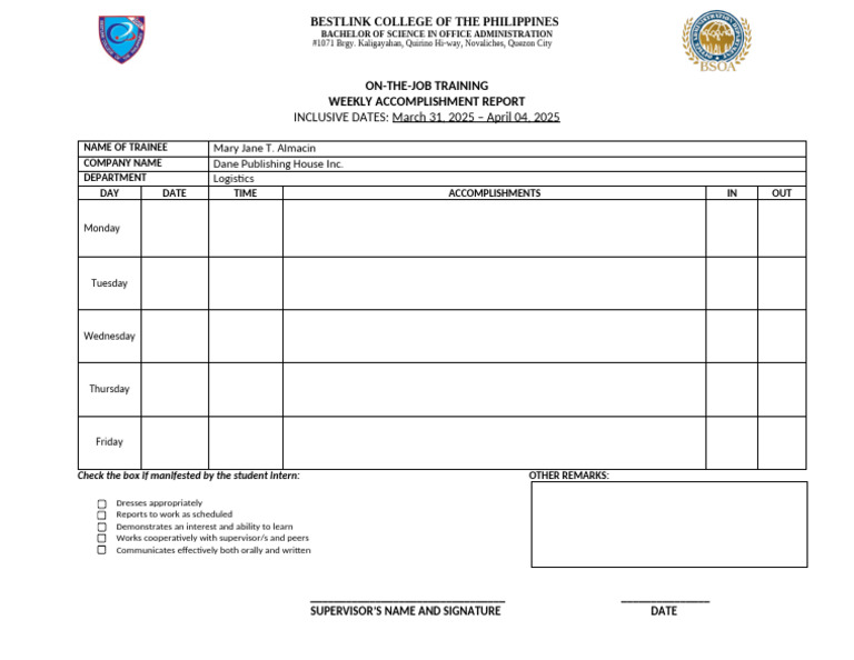 OJT Weekly Accomplishment Report | PDF