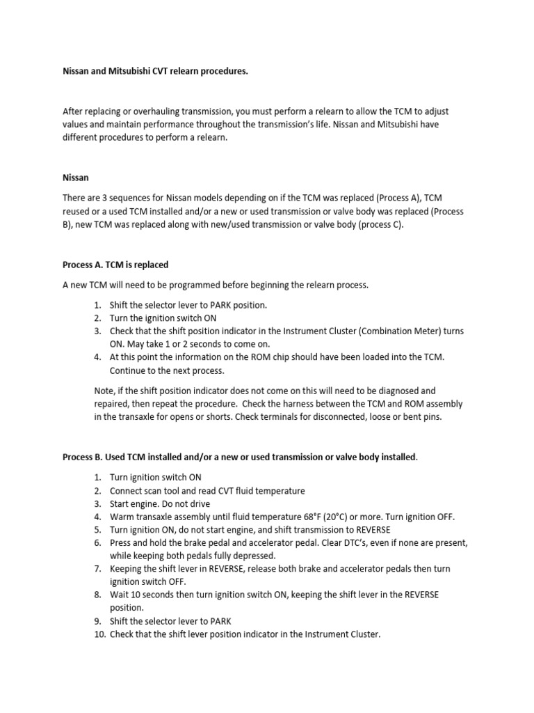Nissan and Mitsubishi CVT Relearn Procedures | PDF | Throttle | Vehicle Parts