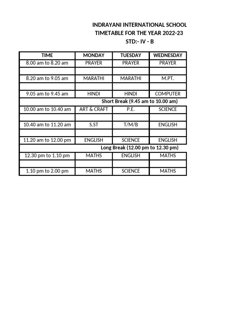 IV - c Timetable - Copy (2) | PDF