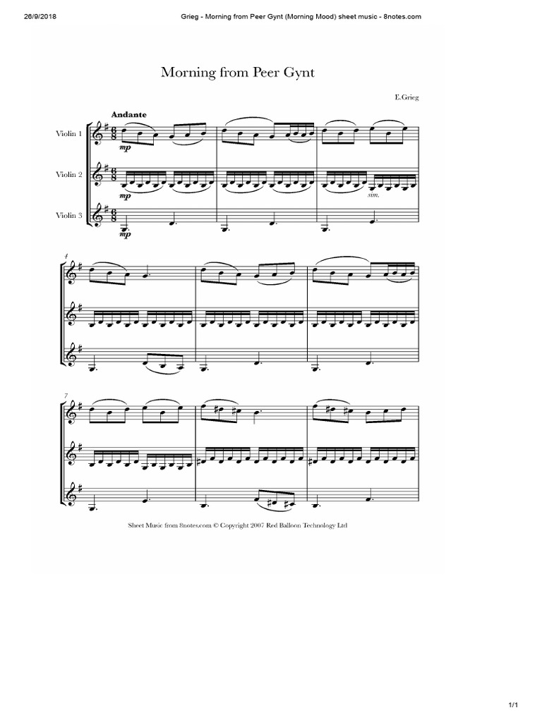 Grieg - Morning From Peer Gynt (Morning Mood) Sheet Music - 8notes ...