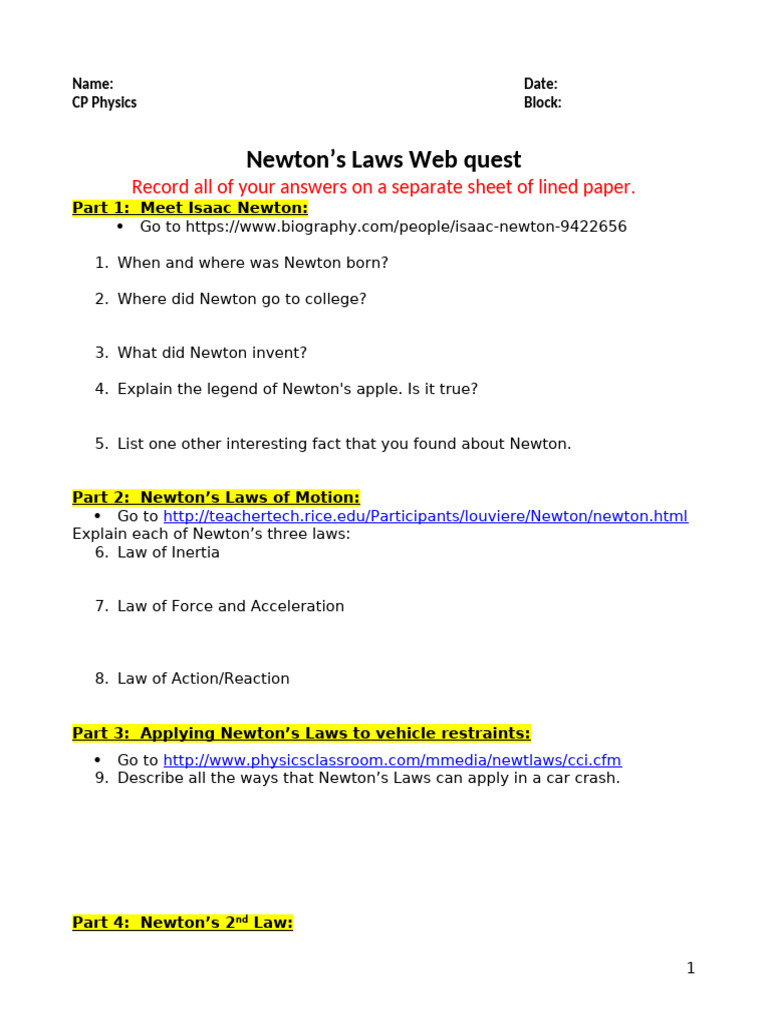 Newton's Laws Webquest Guide | PDF | Weight | Force