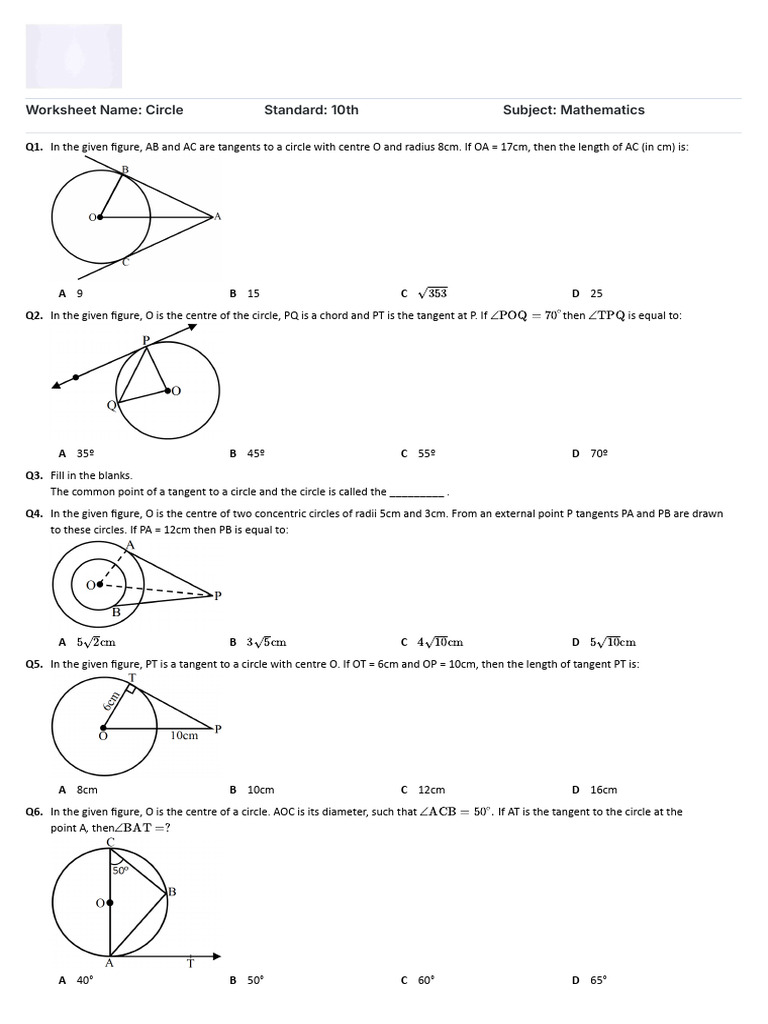 Circle Tangents and Chords Worksheet | PDF | Circle | Perpendicular