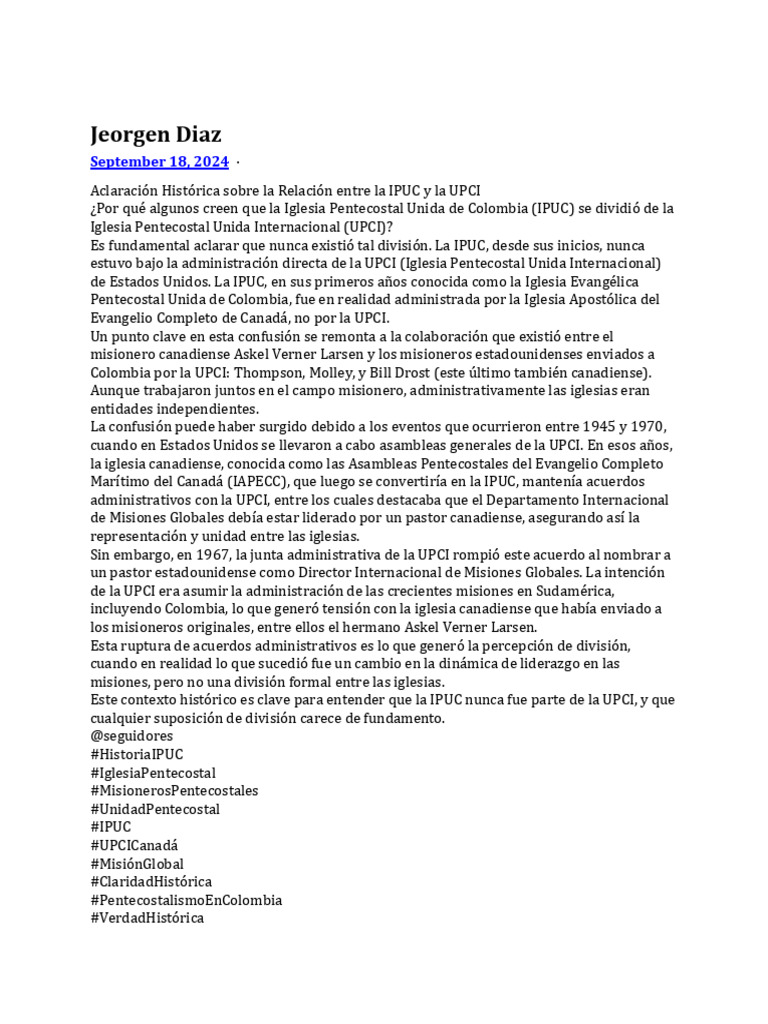 Aclaracion Sobre La Upci y La Ipuc | PDF | Pentecostalismo | Iglesia cristiana