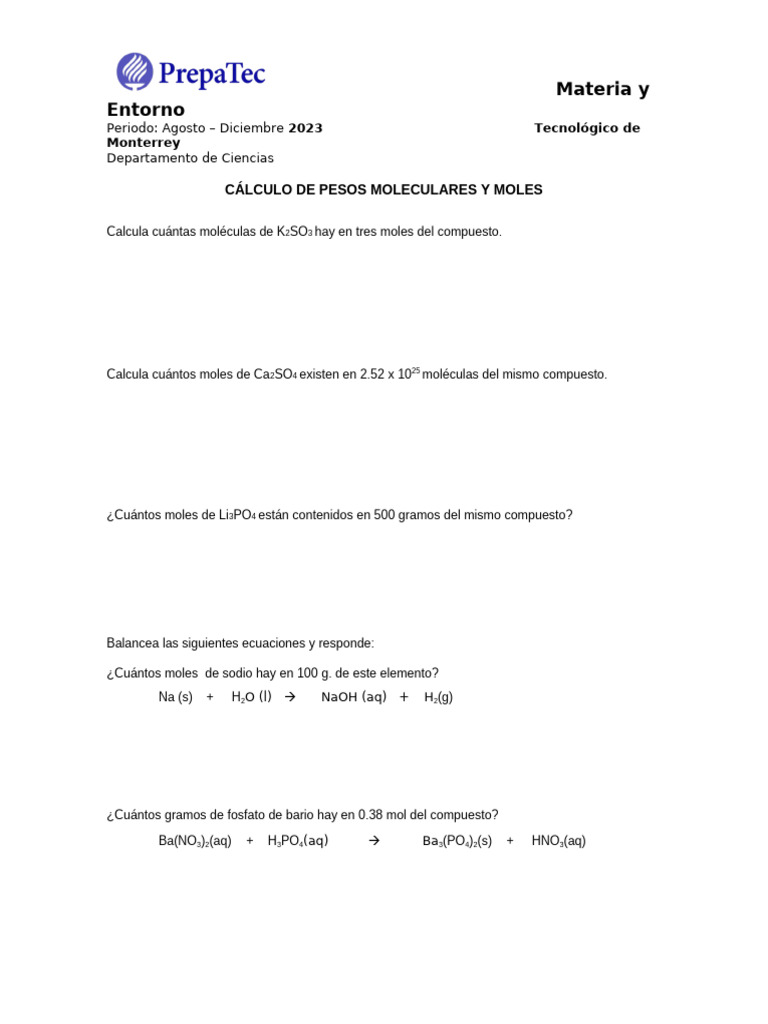 Ejercicios Pesos Moleculares y Moles | PDF