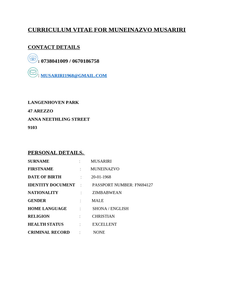 Curriculum Vitae For Muneinazvo Musariri | PDF
