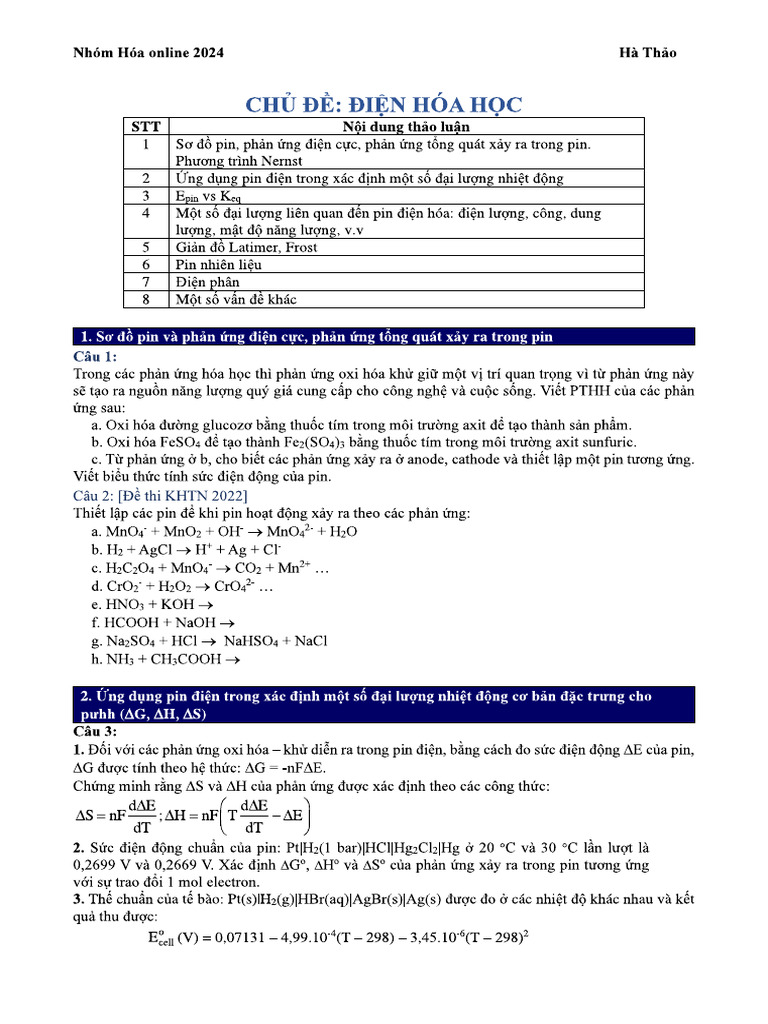 Nhom QG - Buoi 1 - Dien Hoa Hoc | PDF