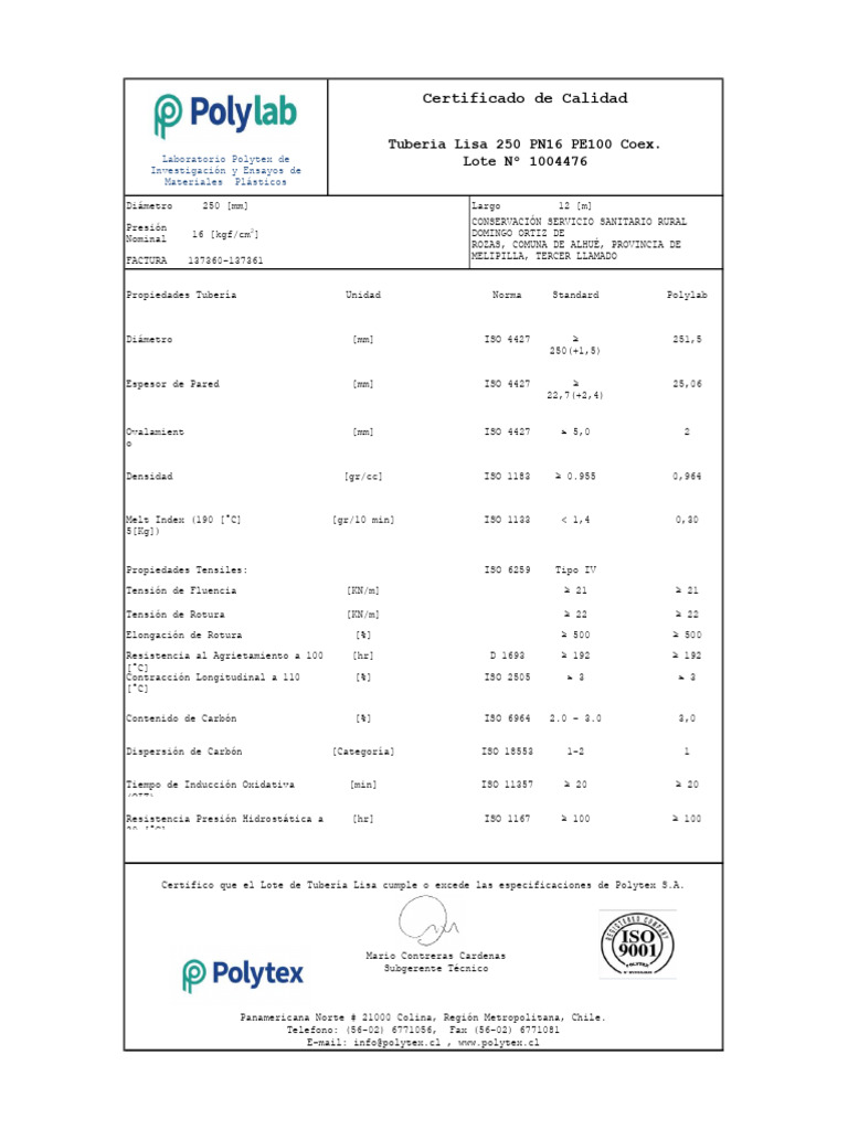 Certificado Calidad Tuberias Polylab | PDF | Tecnologías de gas