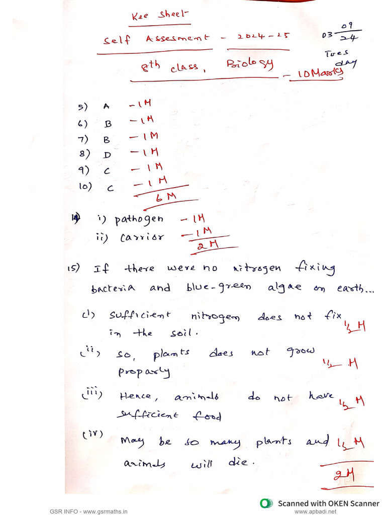 8th Class Biology SAMP 1 Key Paper | PDF