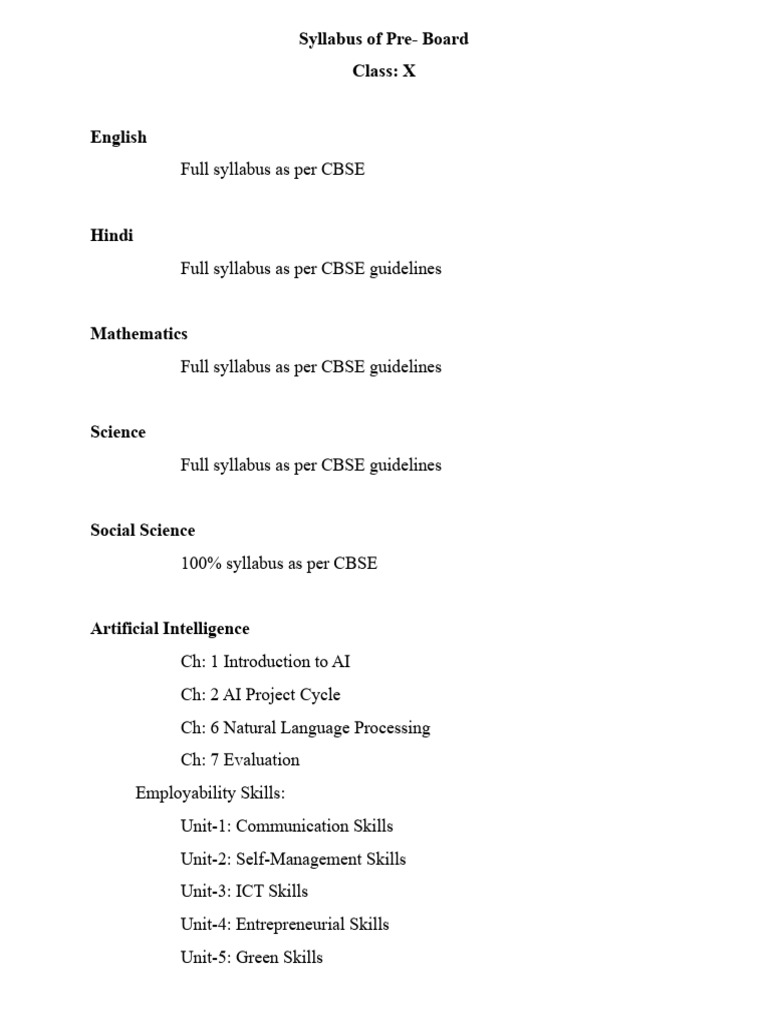 Circular 20231129125408 10 Class X Pre Board Syllabus | PDF