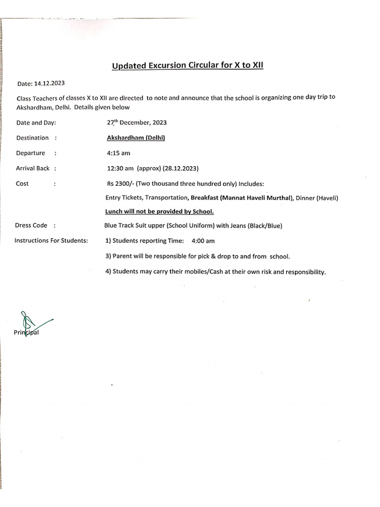 Circular 20231214143551 Updated Excursion Circular X To Xii | PDF