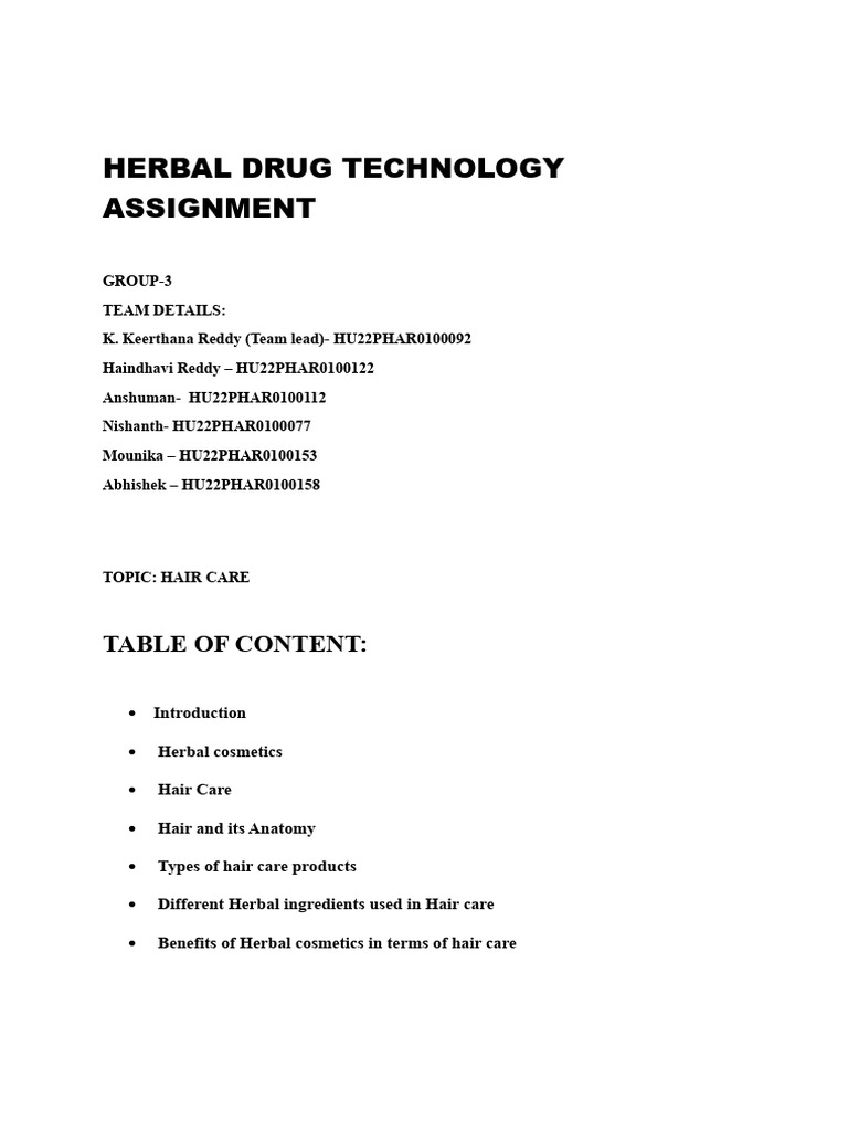 HERBAL DRUG TECHNOLOGY ASSIGNMENT-group 3 | PDF | Cosmetics | Hair Care