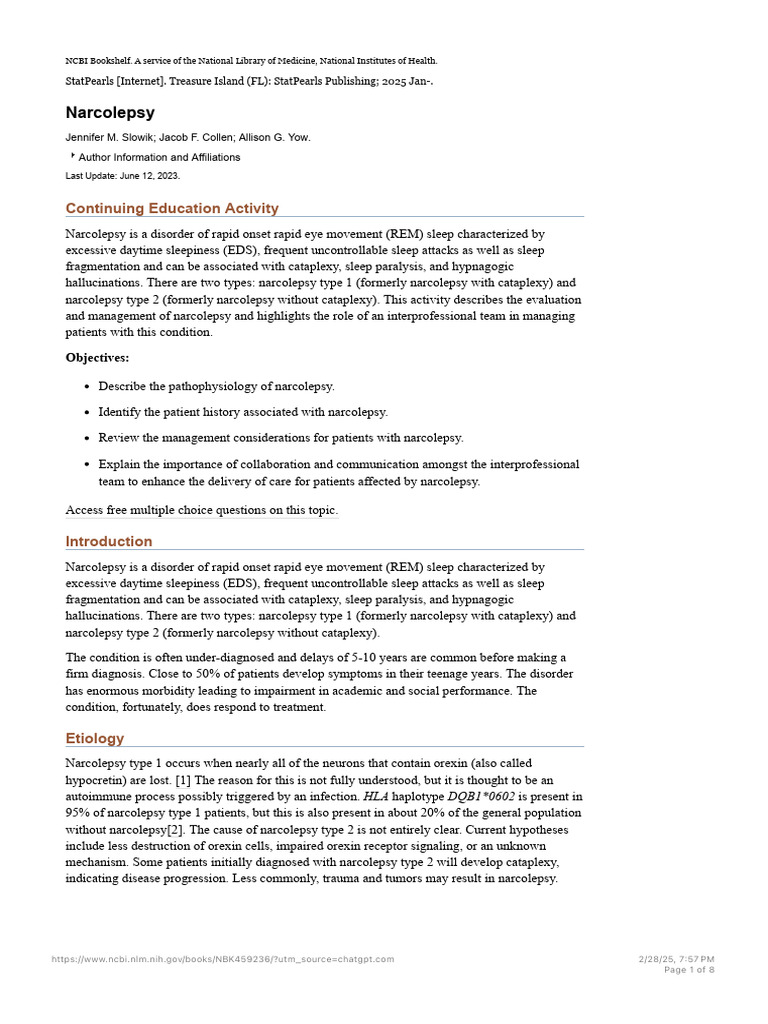 Narcolepsy - StatPearls - NCBI Bookshelf | PDF | Sleep | Human Diseases And Disorders