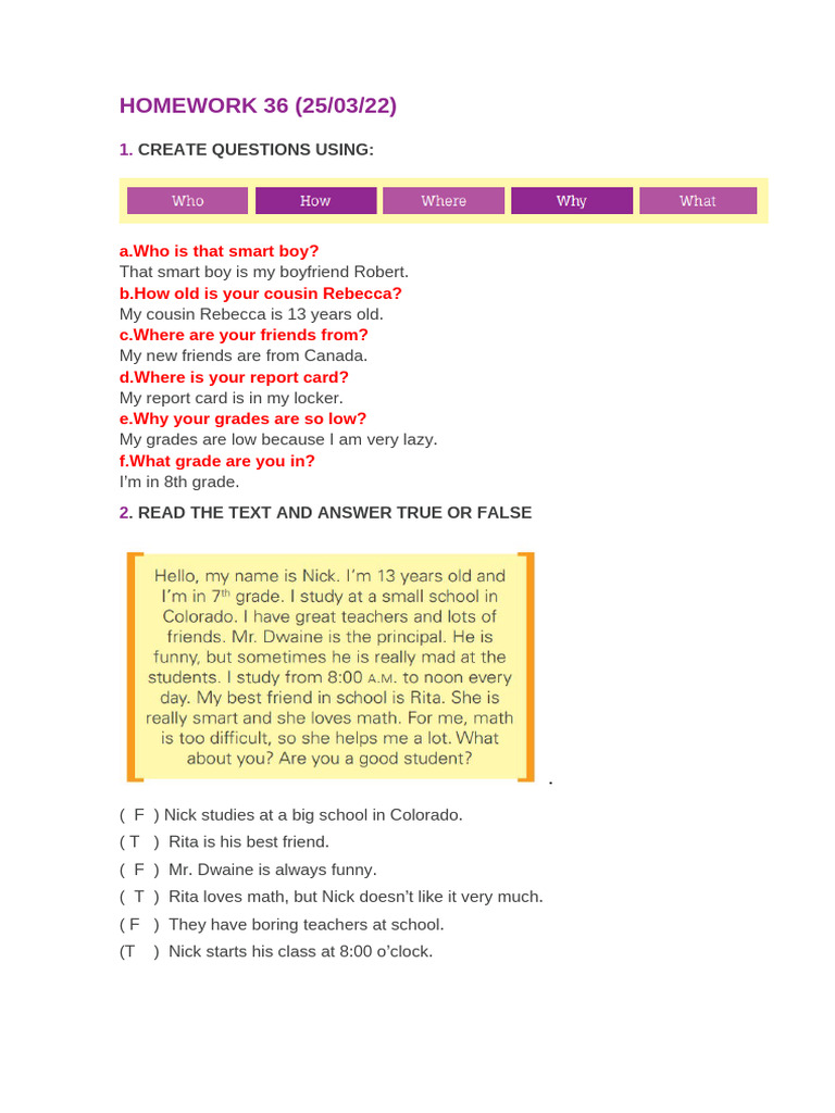 Homework Questions and True/False Quiz | PDF