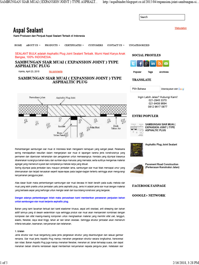 SAMBUNGAN SIAR MUAI (EXPANSION JOINT) TYPE ASPHALTIC PLUG Aspal Sealant ...