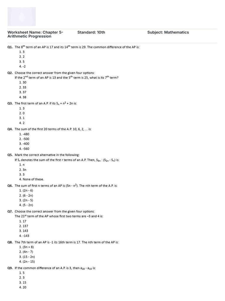 Chapter 5 Arithmetic Progression | PDF | Mathematics | Arithmetic