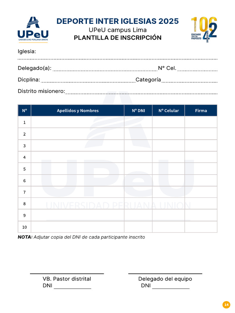 Ficha e Inscripcion Aniversario UPeU 2025 | PDF