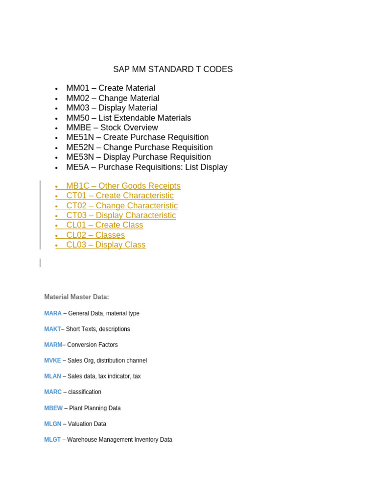 Sap MM T Codes | PDF