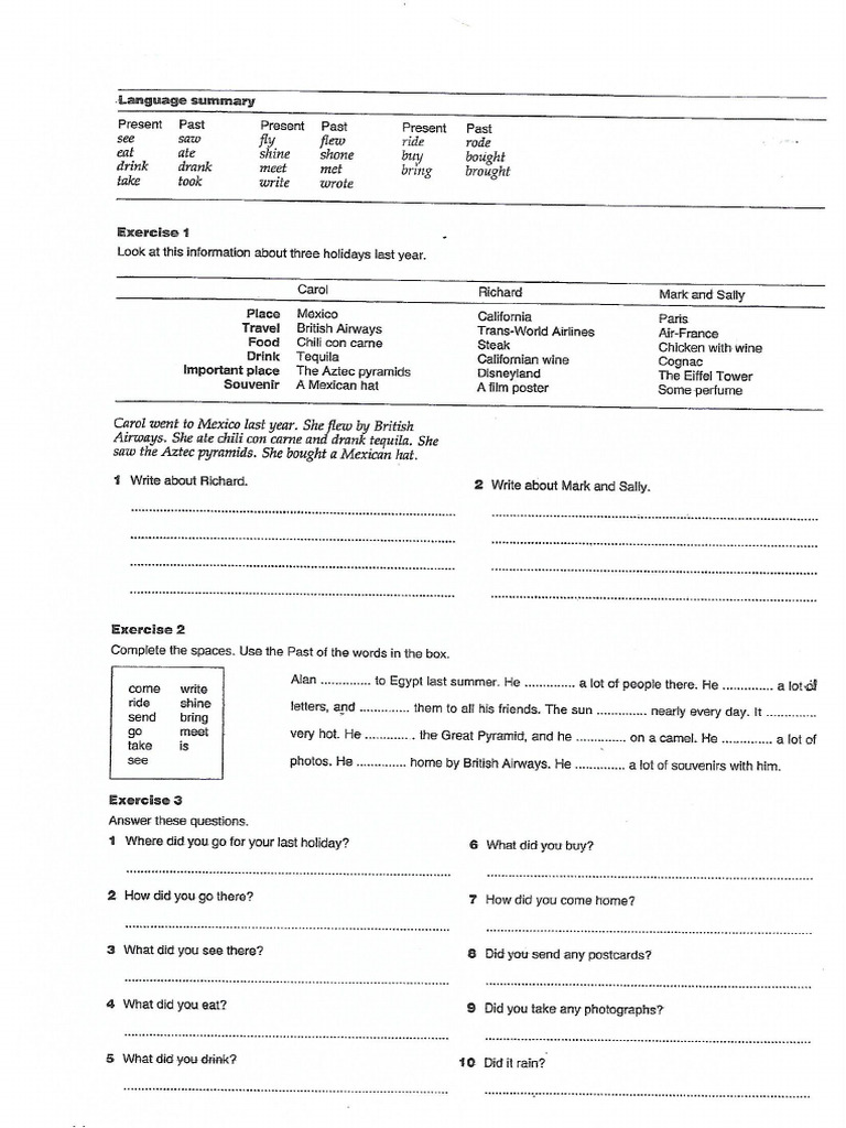 Past Simple Language Summary | PDF