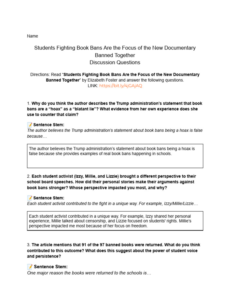 Book Banning - Teen Vogue Article Discussion Questions | PDF | Censorship