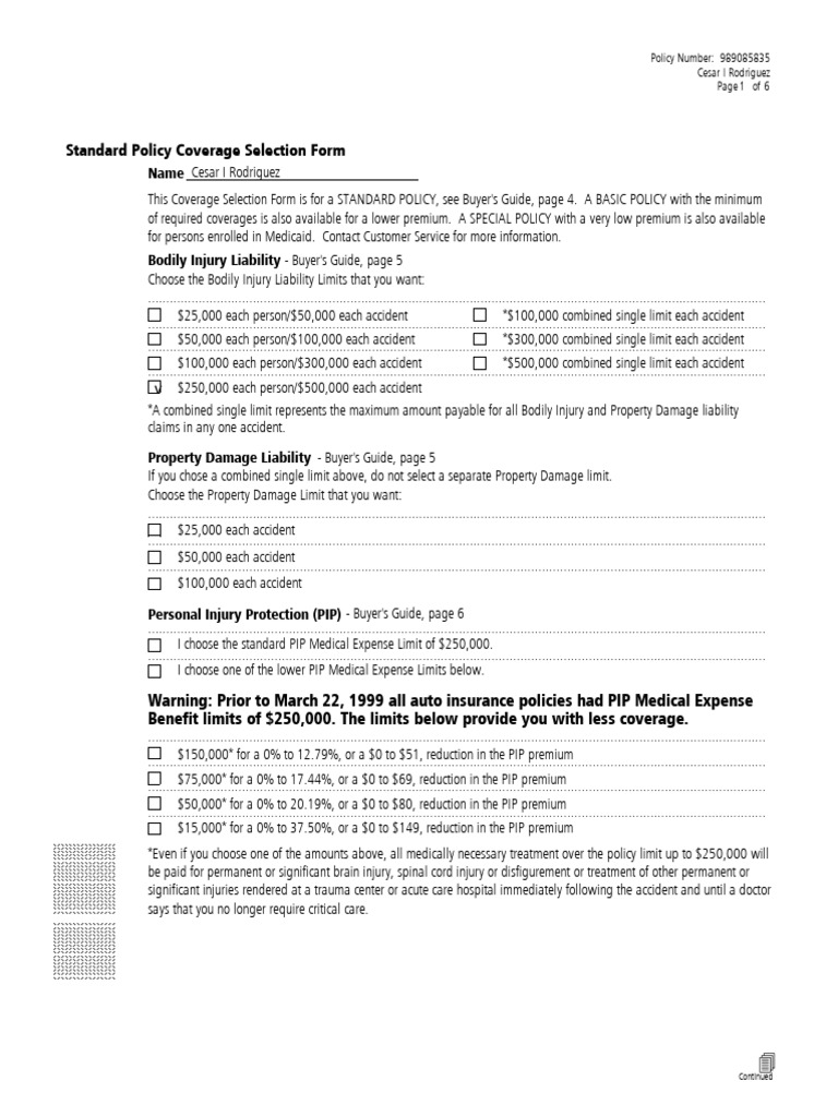 Standard Coverage Selection Form | PDF | Insurance | Liability Insurance