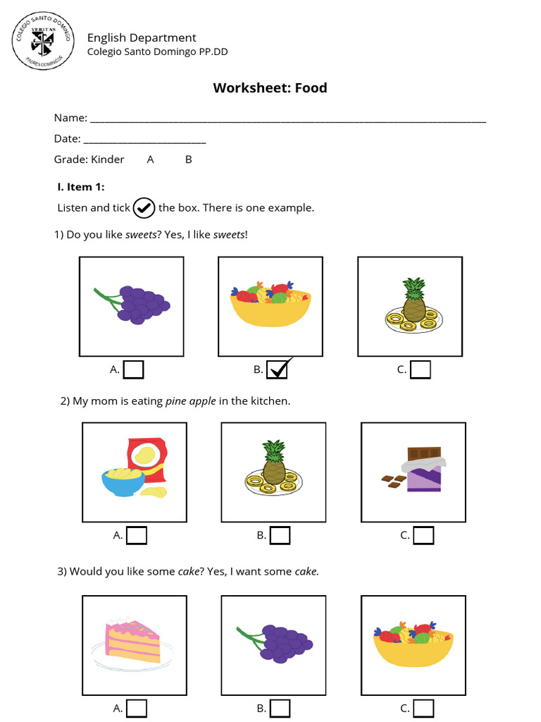 K Food Activities Pre Test | PDF