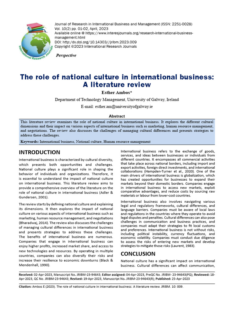 The Role of National Culture in International Business A Literature ...