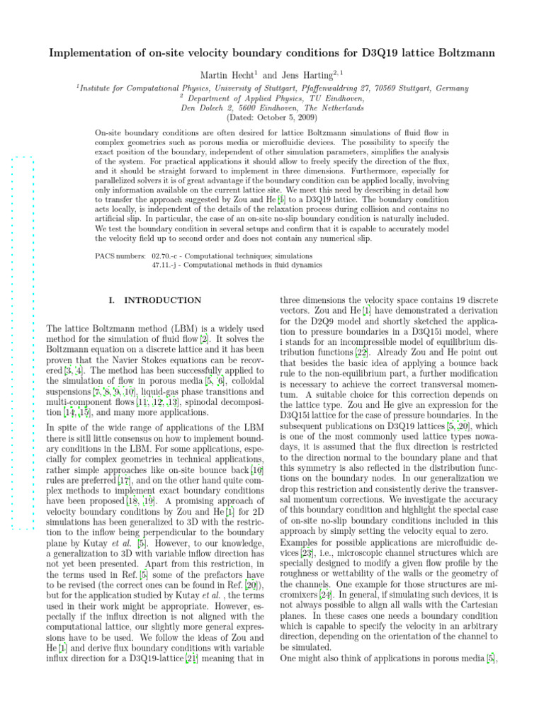(2009) Implementation of onsite velocity BC for D3Q19 LBM | PDF ...