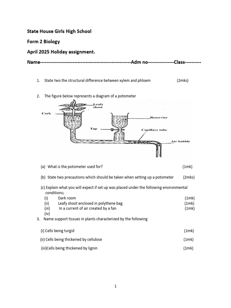 Biology Form 2 April Holiday Assignment | PDF | Plant Stem | Biology