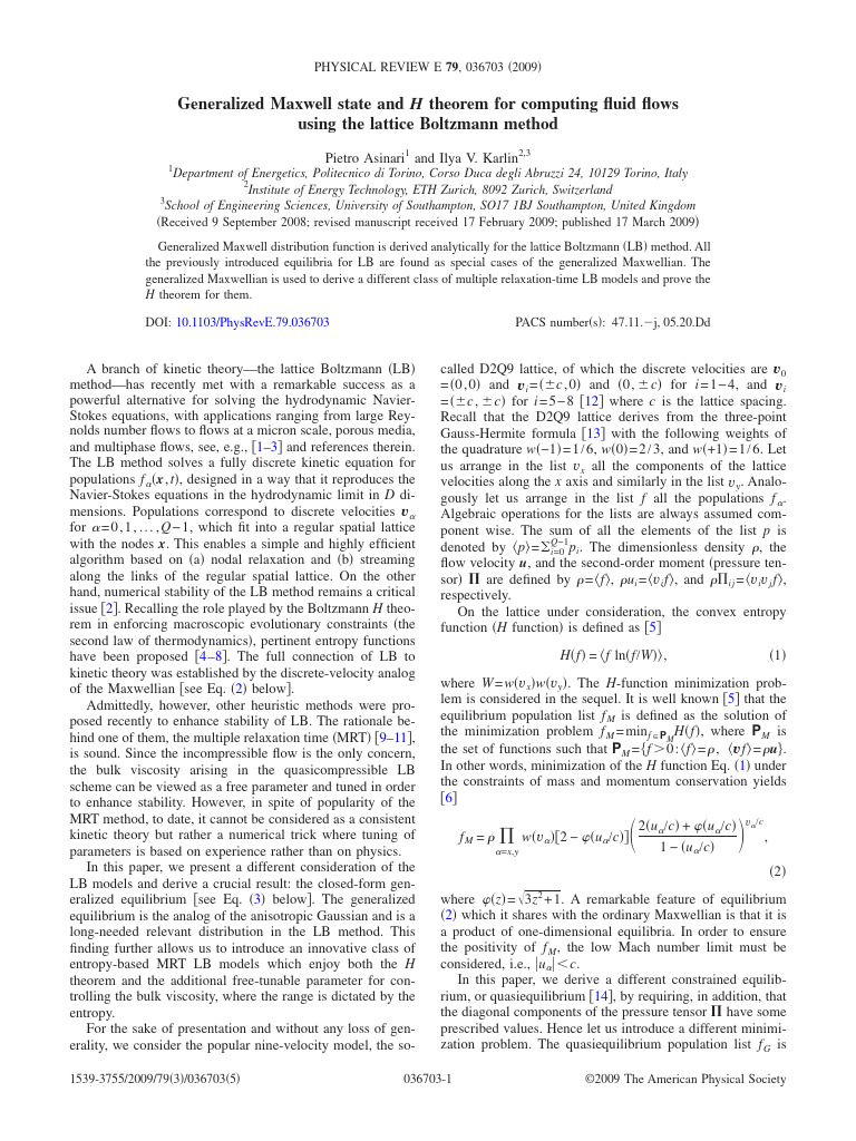 (2009) Generalized Maxwell State and H Theorem in LBM | PDF | Applied ...
