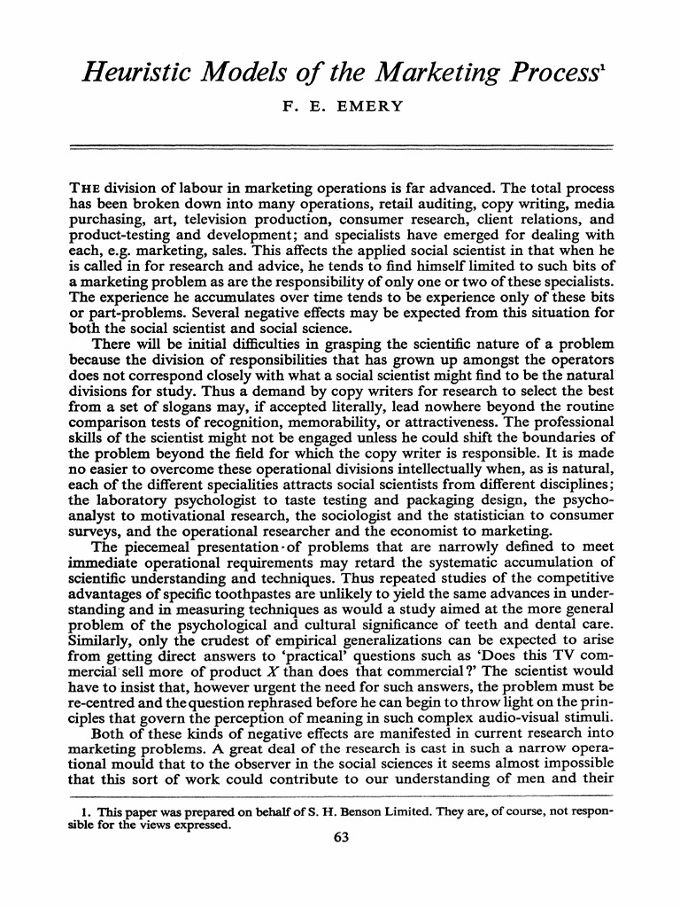 Emery - 1962 - Heuristic Models of The Marketing Proces | PDF