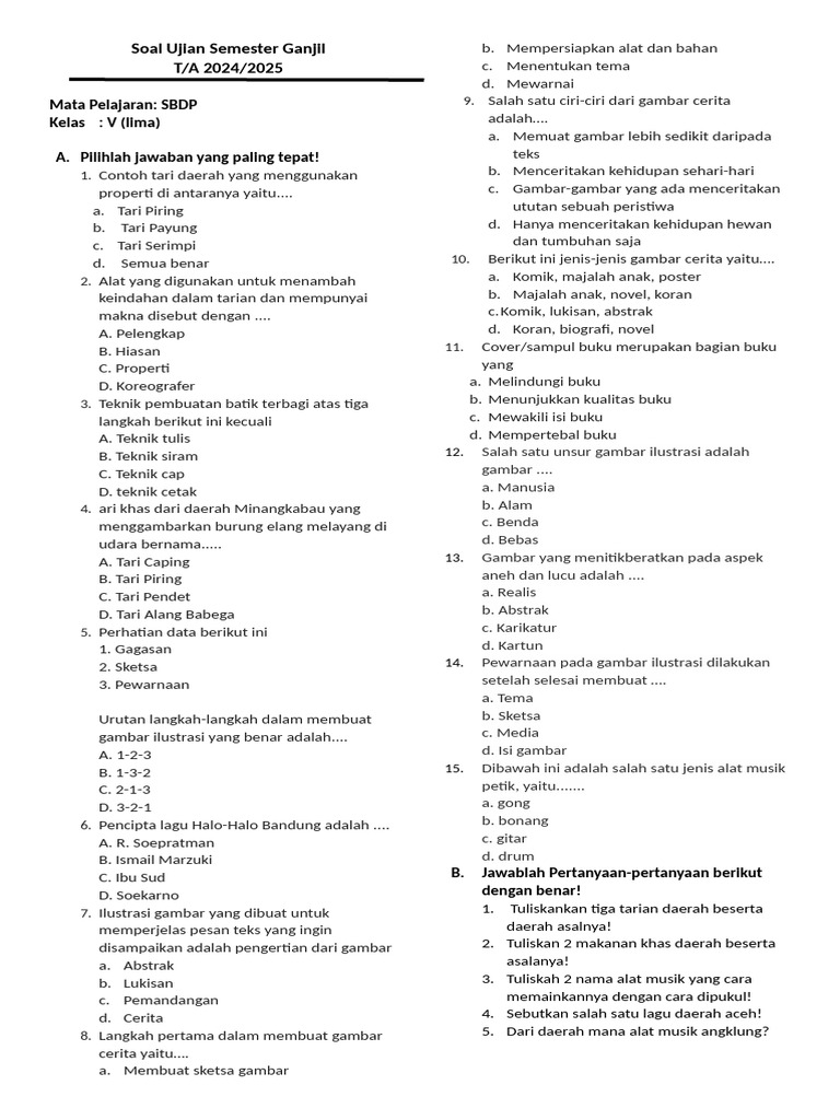 Soal Ujian SBDP Kelas V Ganjil | PDF